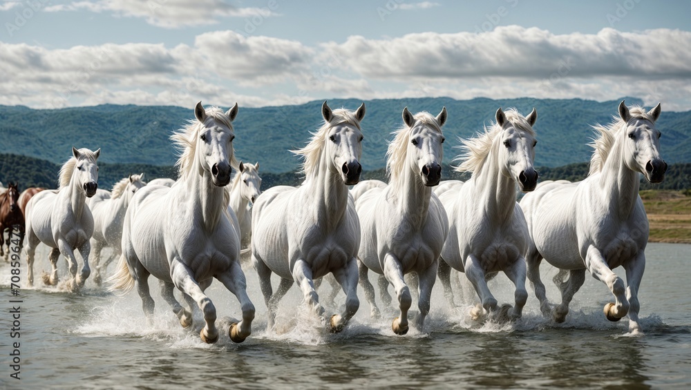 A magnificent group of all-white horses charging across the glistening ...