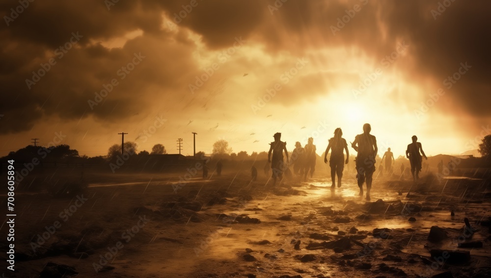 Apocalyptic scenes with zombies walking maliciously, environments ...