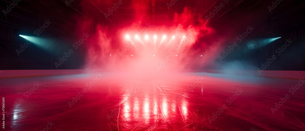 Red Ice Rink Background. Professional Arena illuminated red neon lights ...