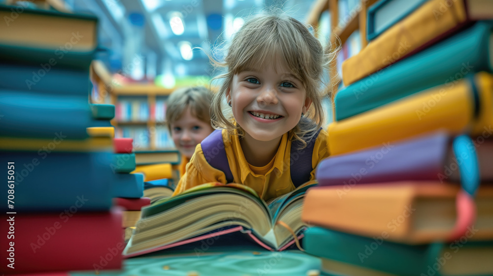Happy children on a classroom learning with books on a school in summer ...