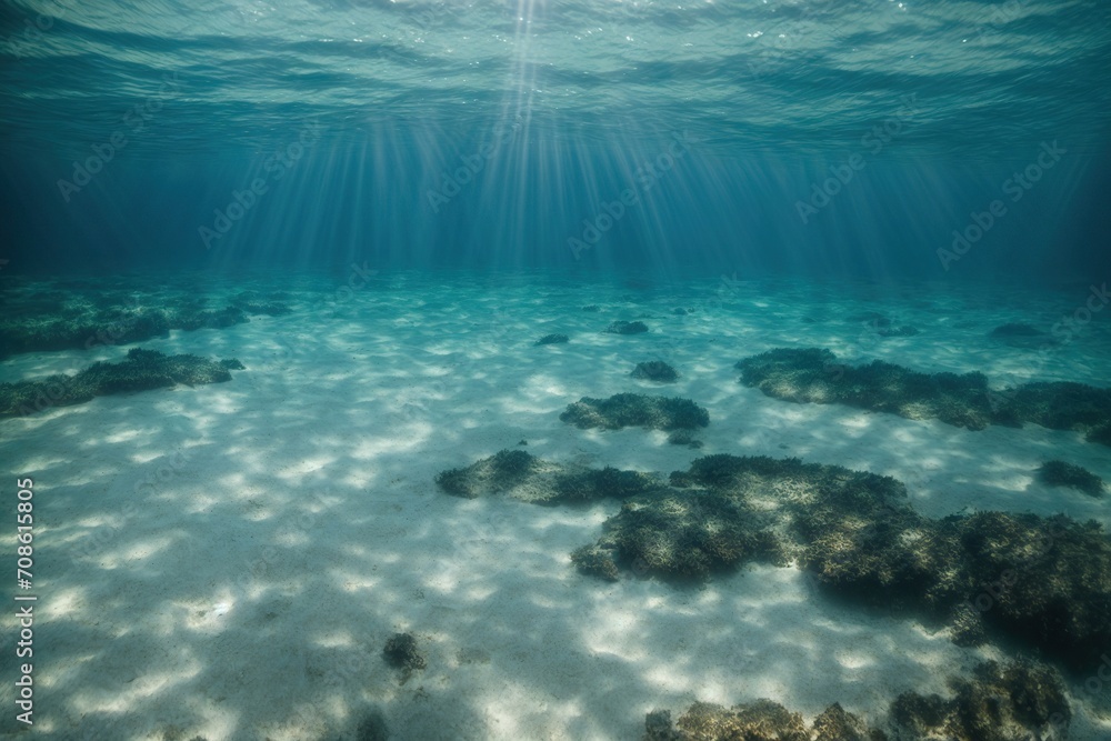 magnificent light beams and a sandy bottom with a deep blue sea as the ...