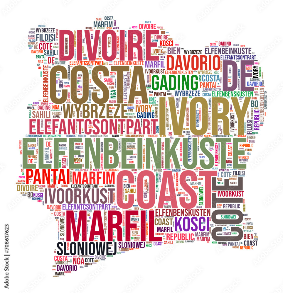 Ivory Coast country shape word cloud. Typography style country ...