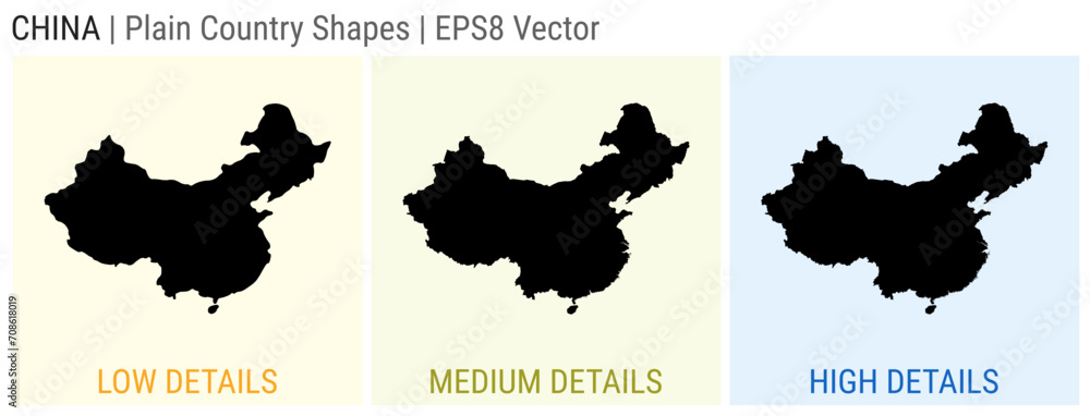China - plain country shape. Low, medium and high detailed maps of ...