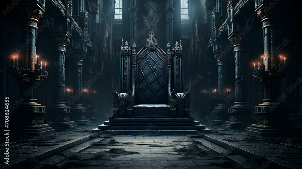 Majestic gothic dark fantasy castle hall with throne and torches ...