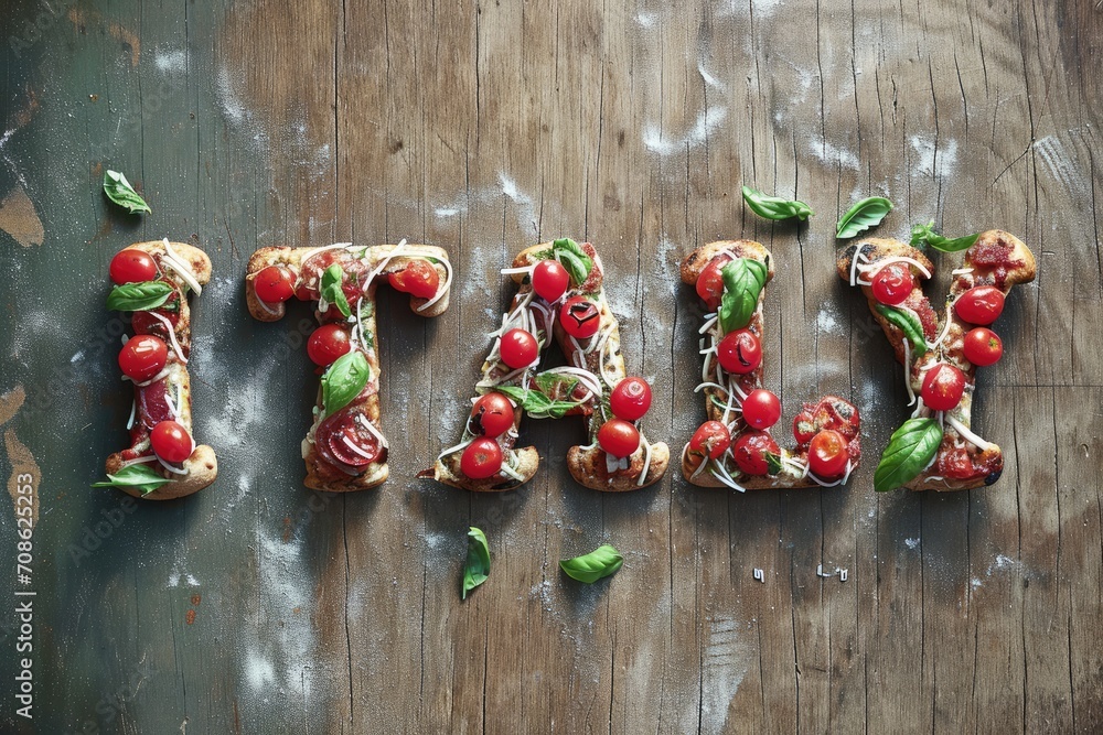 Pizza Typography: The Word "Italy" Crafted in Letters Made of Authentic ...