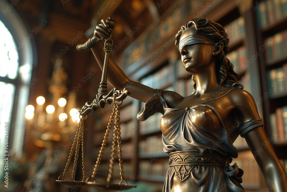 blind goddess of law and justice statue in front of books shelf in the ...