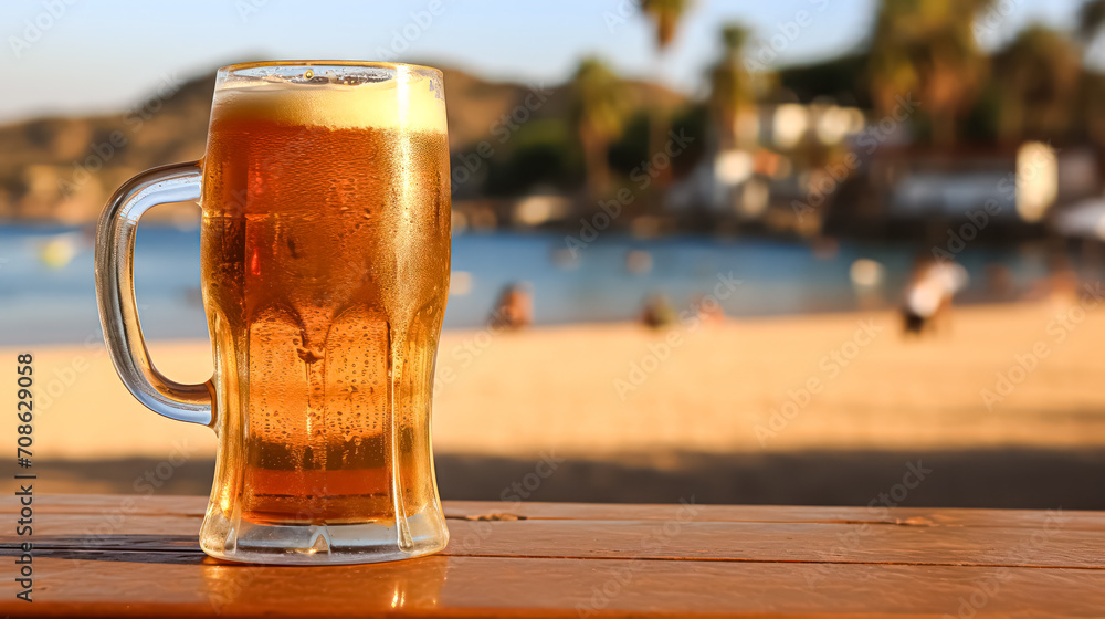 Chill vibes at the beach bar. A cold beer stands on the table, inviting ...