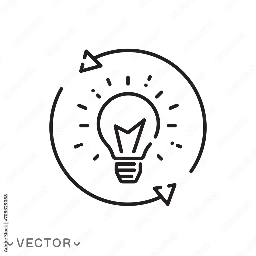 idea implementation process icon, light bulb with circle arrows, clean ...