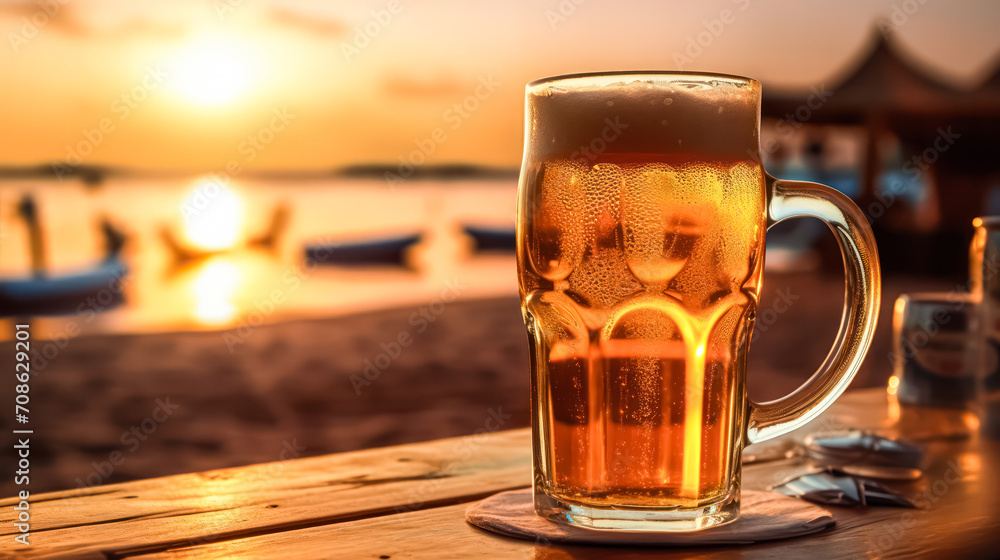 Chill vibes at the beach bar. A cold beer stands on the table, inviting ...