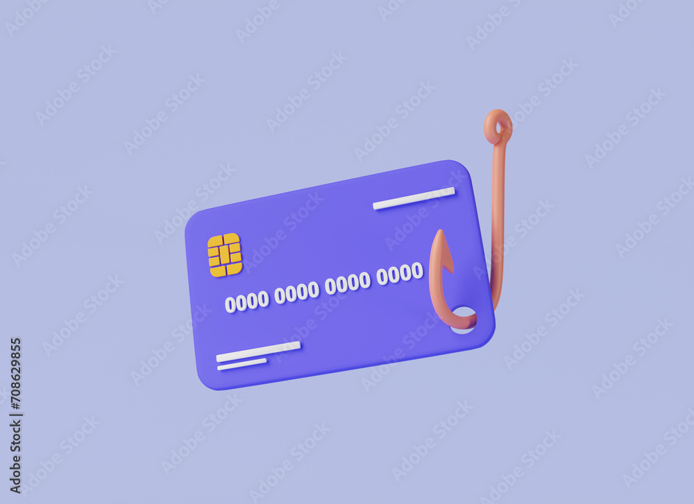 Online scam and steal concept. Credit card attached to large hook ...