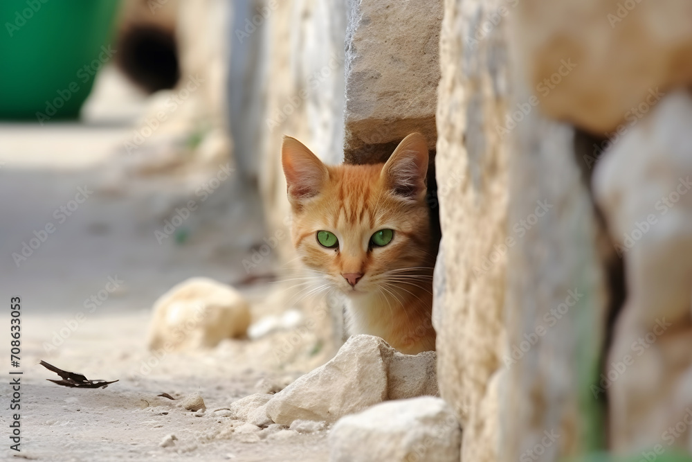 Curious cat peeking around a corner. Neural network AI generated art Stock Illustration | Adobe ...