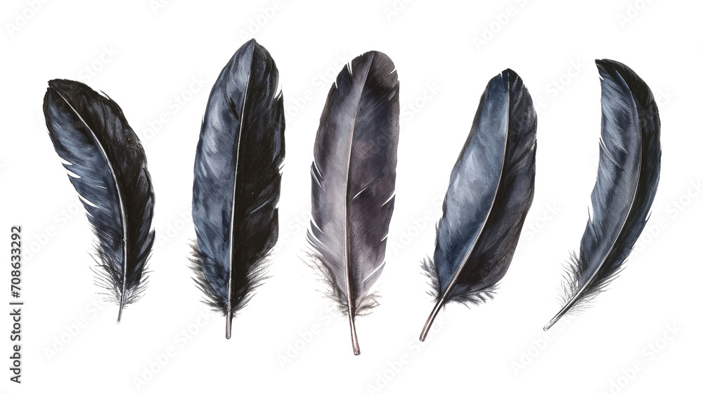 A collection of black raven feathers on a white background, showing a ...