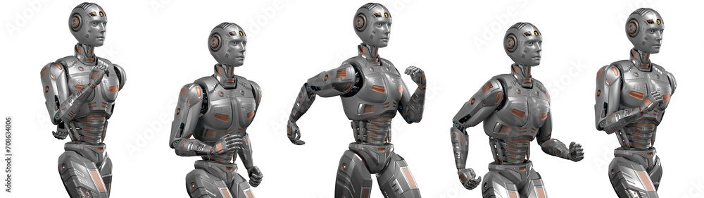 Futuristic robot man run cycle or humanoid cyborg running. 3d rendering ...