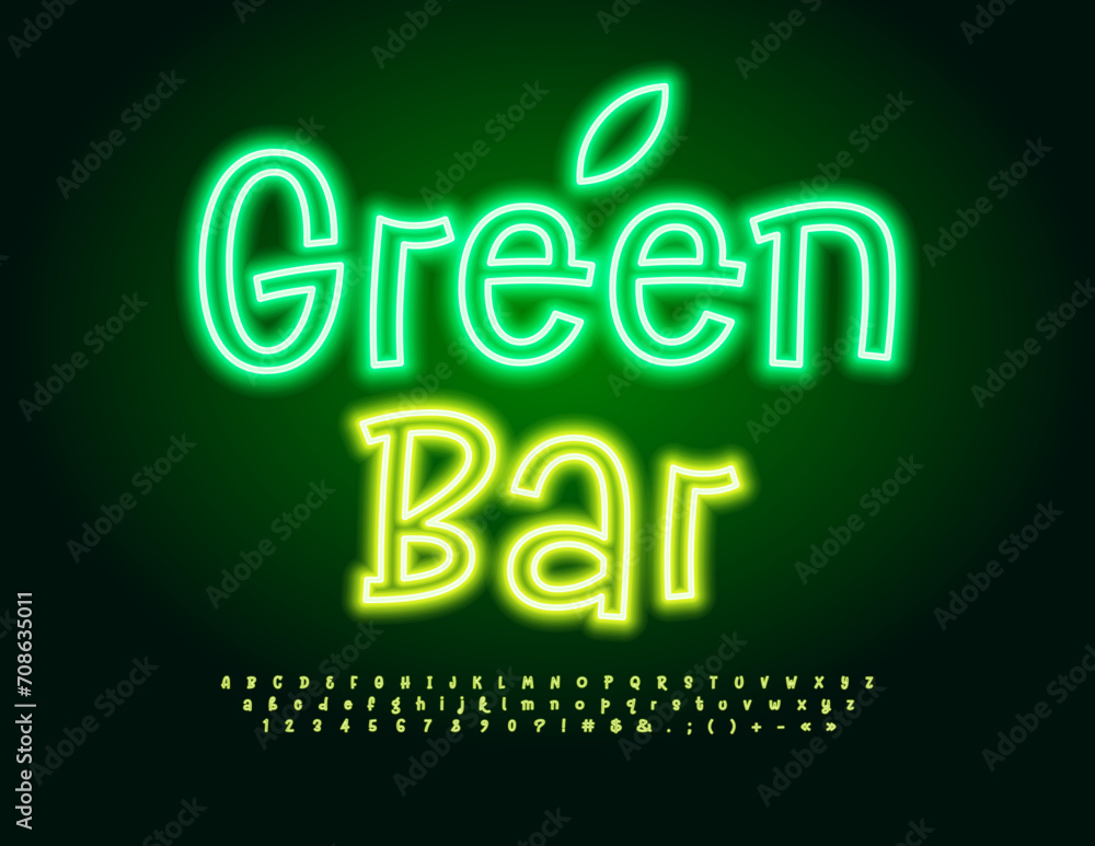 Vector eco template Green Bar. Funny Neon Font. Glowing Alphabet ...