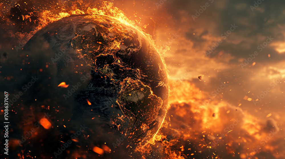 Earth globe collapse burning destroyed by fire. Stock Illustration | Adobe Stock