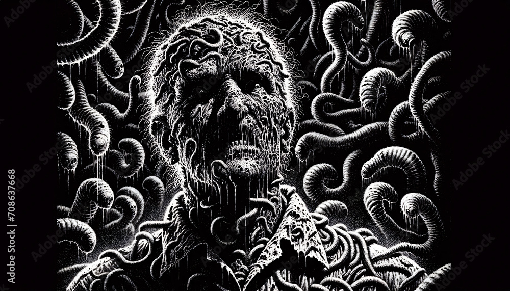 80s horror comics illustration capturing a nightmarish scene of a human ...