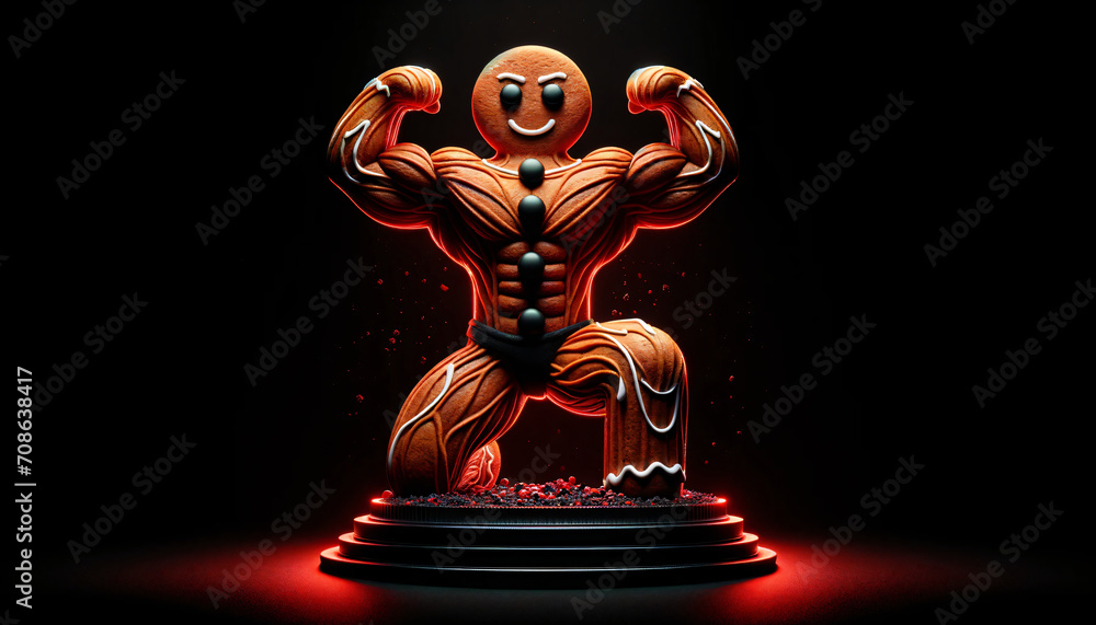 A 3D render of a gingerbread man as a bodybuilder in a dynamic pose ...