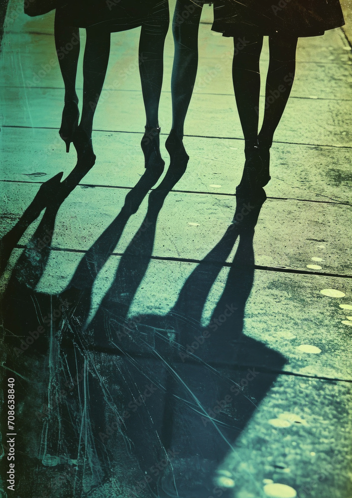 Silhouette of women's legs in heels casting long shadows on textured ...