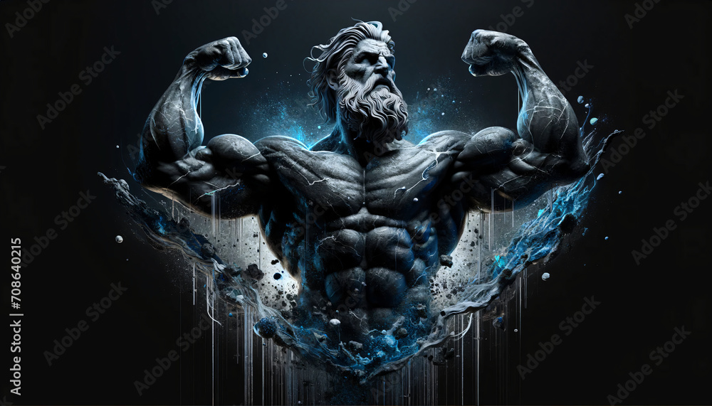 A 3D render of Zeus as a bodybuilder in a dynamic pose, flexing muscles ...