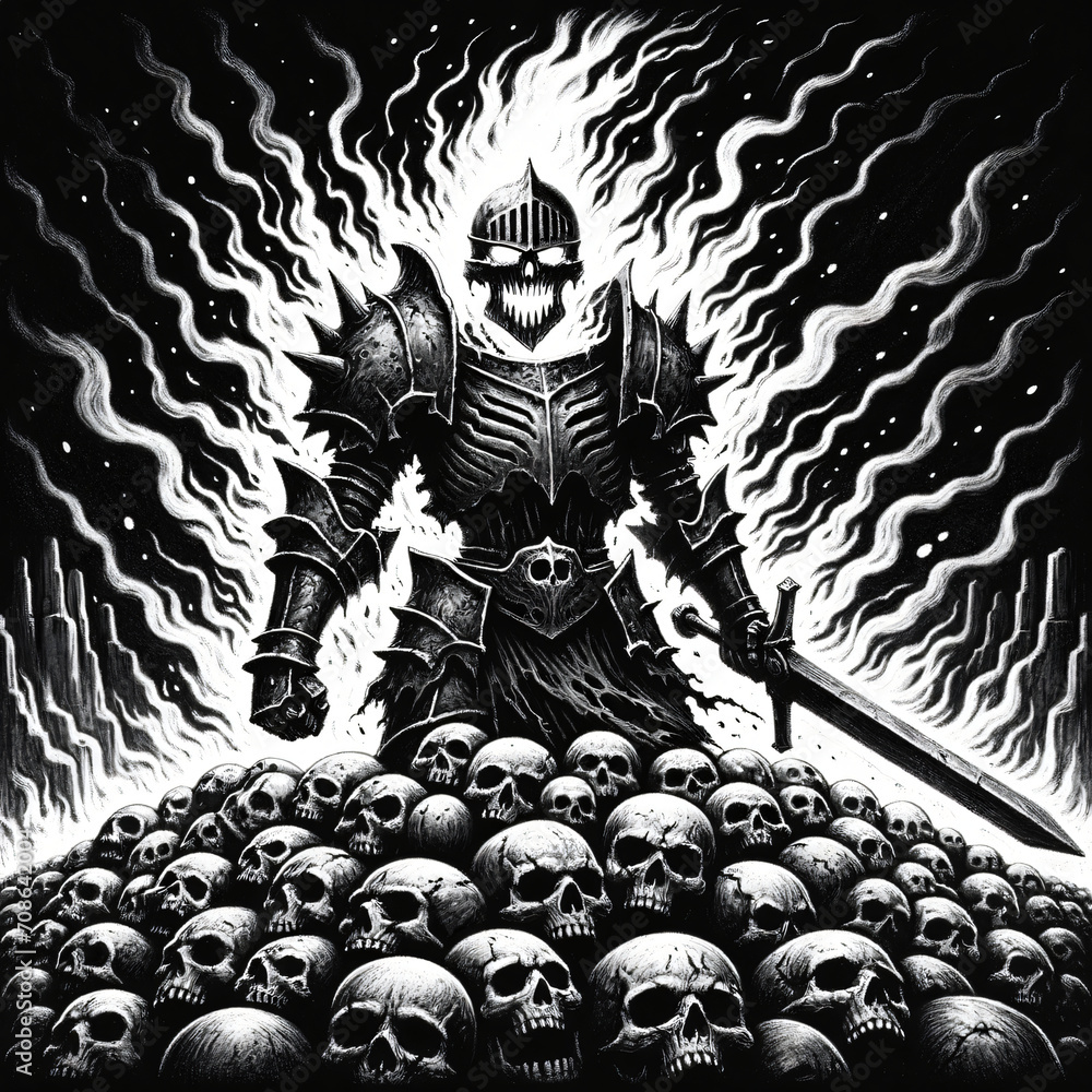 Black and white bold chalk drawing that portrays a burning death knight ...