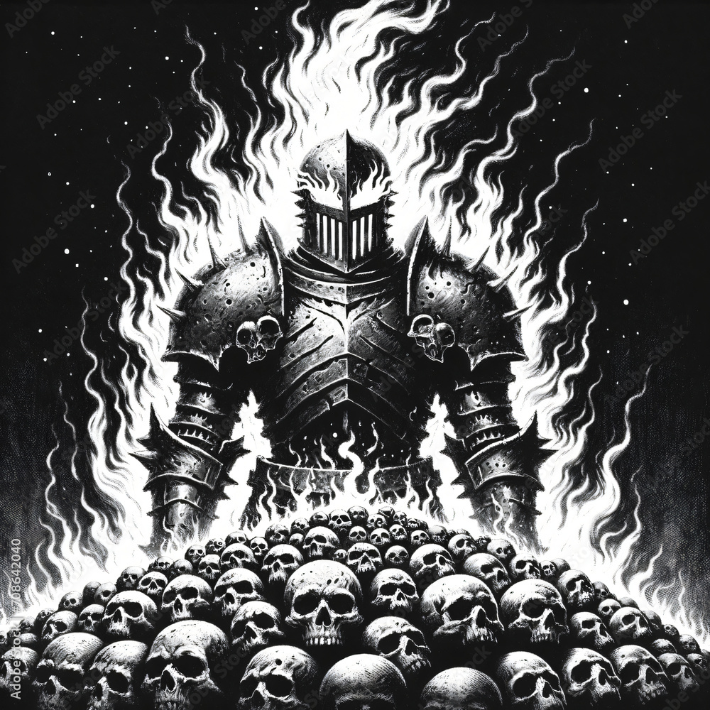 Black and white bold chalk drawing that portrays a burning death knight ...