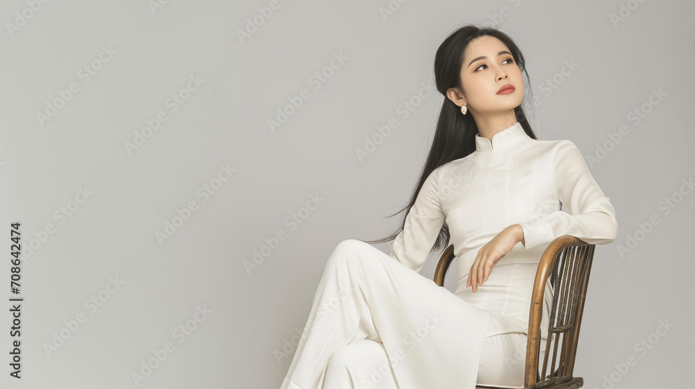 Vietnamese Asian Pretty Elegant Girl Sitting On Chair Cross Legs wear ...