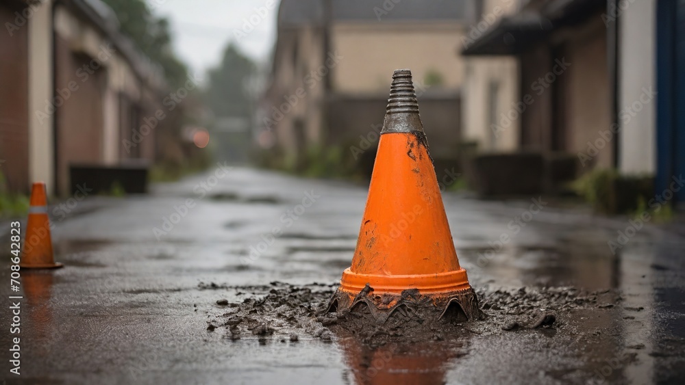 Some bright orange cones are placed in the middle of the roadway Stock ...