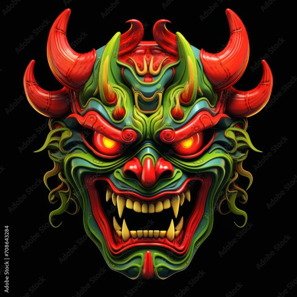 Japanese Hannya Mask Red And Green Colors Black Background Stock