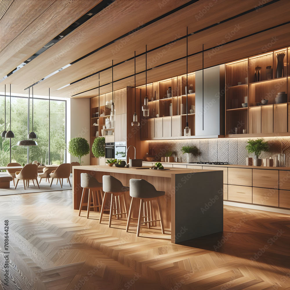 Modern and spacious wooden kitchen room. Real Estate. Luxury kitchen ...