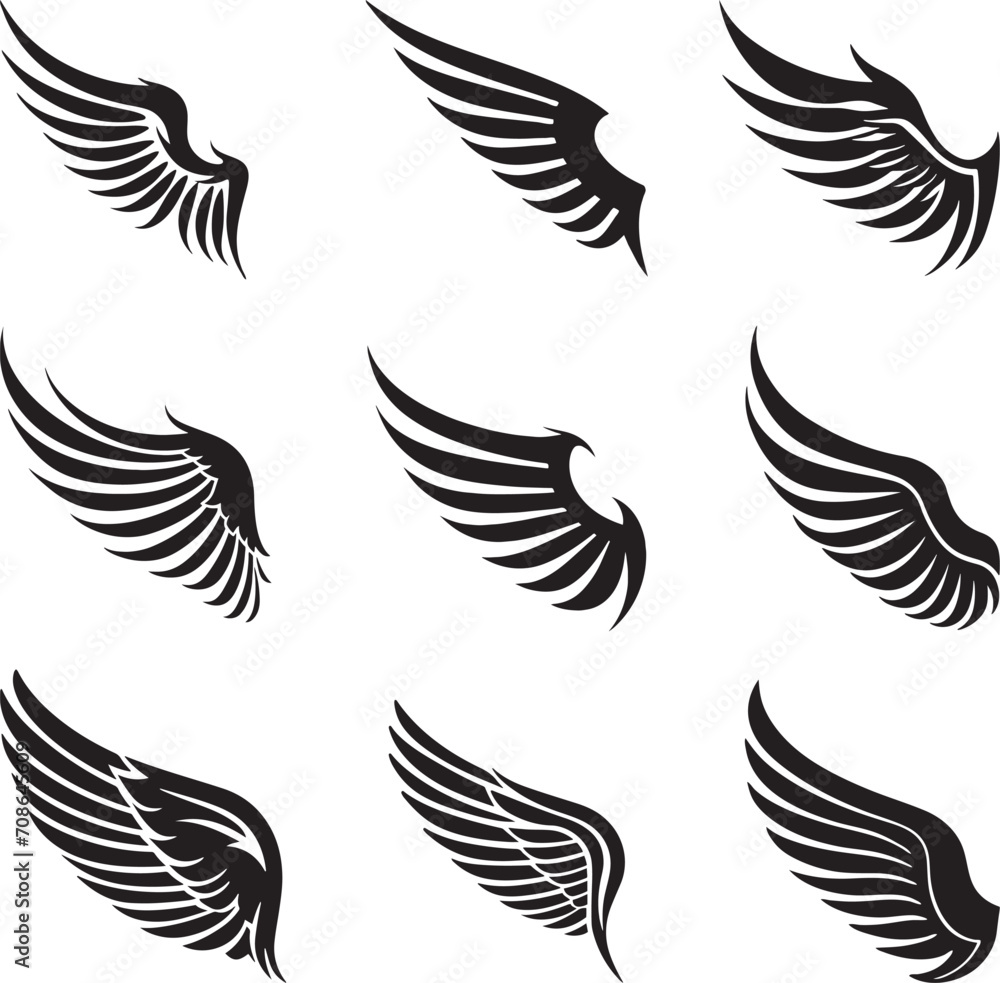 One Color Vector Single Wing Icons Set with clean sharp feather lines ...