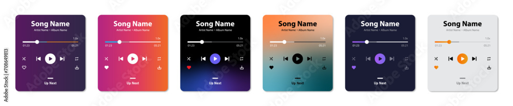 Music player interface UI/UX design set of six in simple and gradient ...