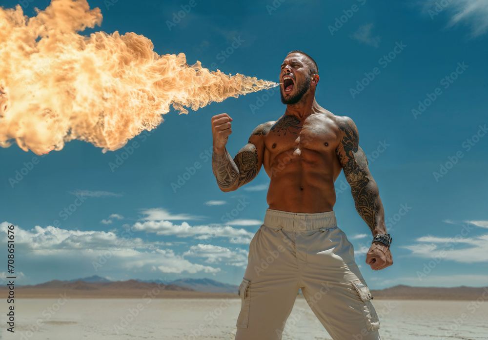 Angry and furious announcement - muscular man spitting fire. Concept of ...