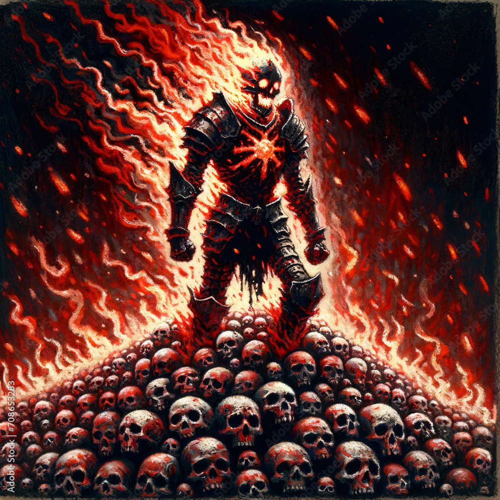 Square ratio chalk drawing capturing a burning death knight as he ...