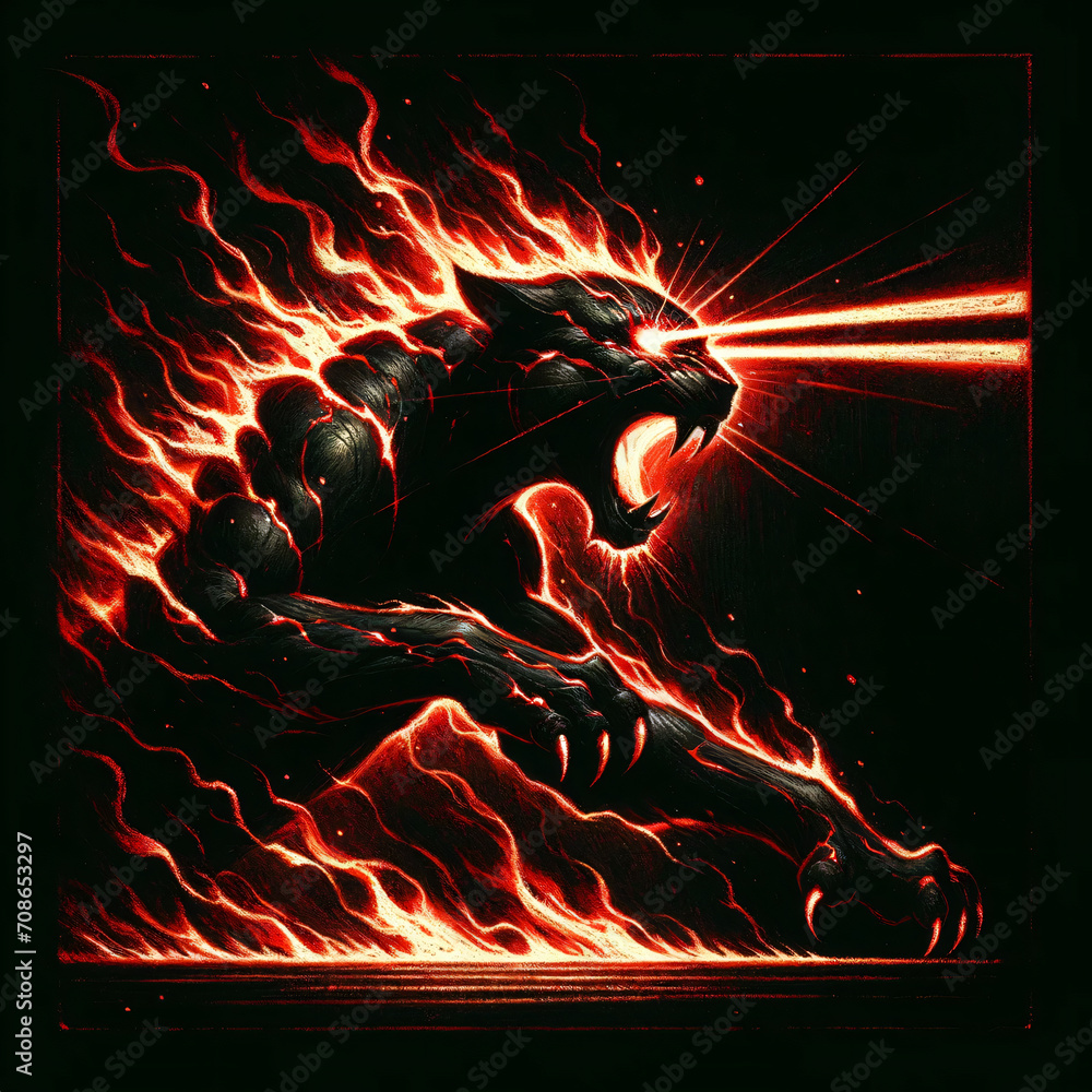 Square ratio chalk drawing depicting a fierce panther, engulfed in ...