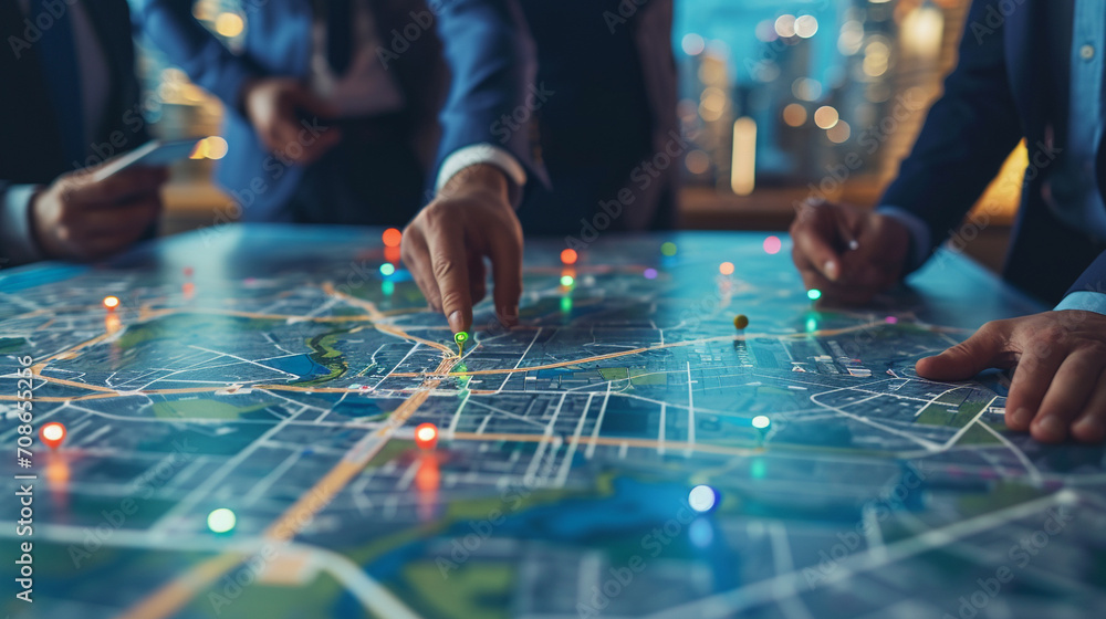 Strategic Real Estate Planning on Map Businessmen strategizing over a ...