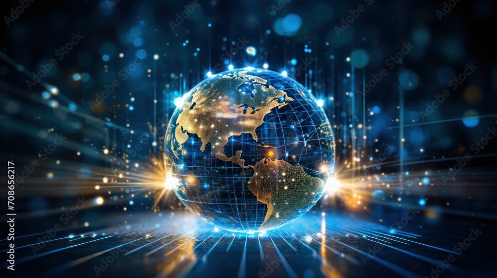 Artificial Intelligence and Global E-Learning. Neon globe surrounded by ...