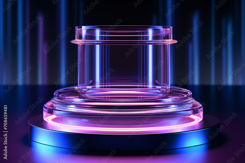 A 3D-geometric futuristic room with an overlappling neon scene ...