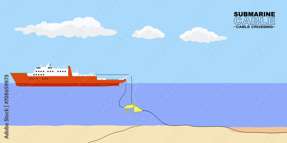 Illustration of submarine cable, technical cable laying at cable ...