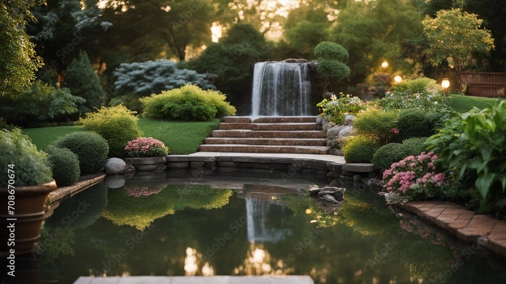 fountain in the park Fantasy backyard landscaping with a patio, a ...