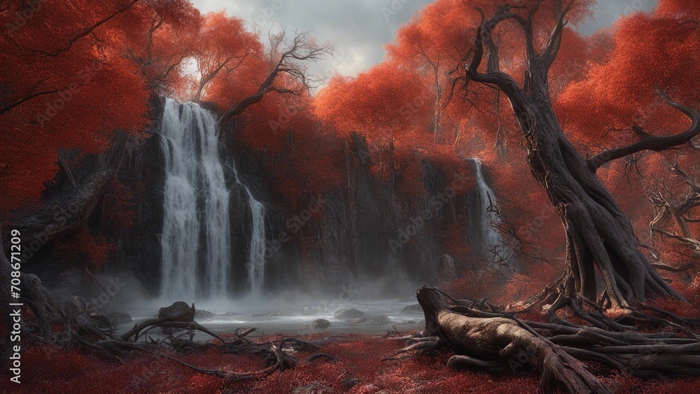 waterfall in the woods Horror waterfall with a landscape of dead trees ...