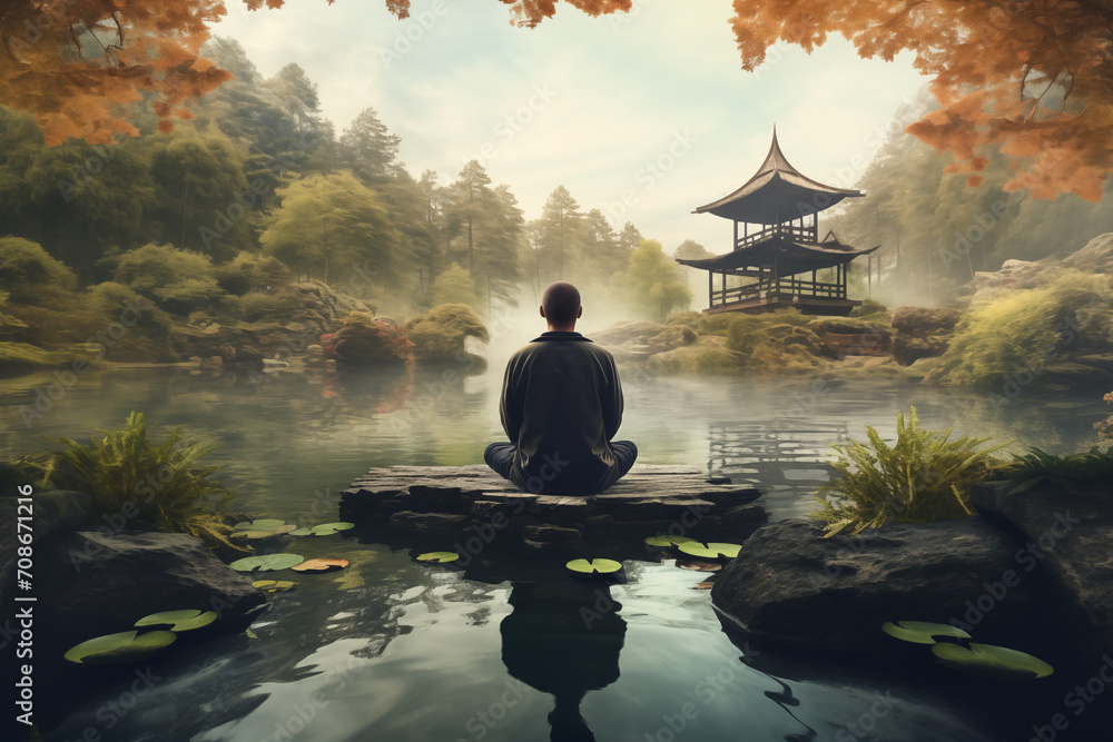 Realistic Image of a Man Practicing Mindfulness and Meditation in a ...