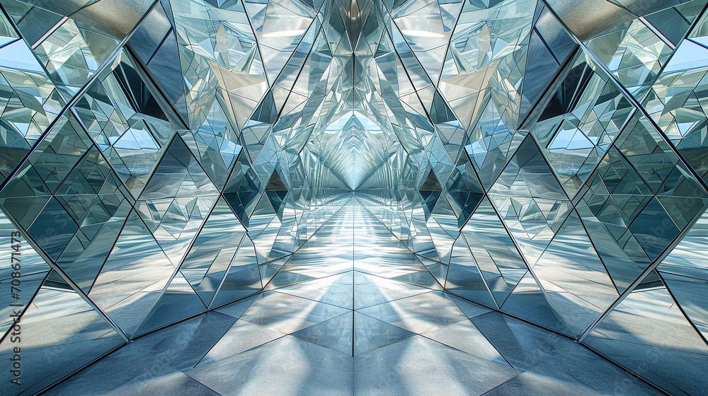 A reflective mirrored background with rhomboidal patterns creates a ...