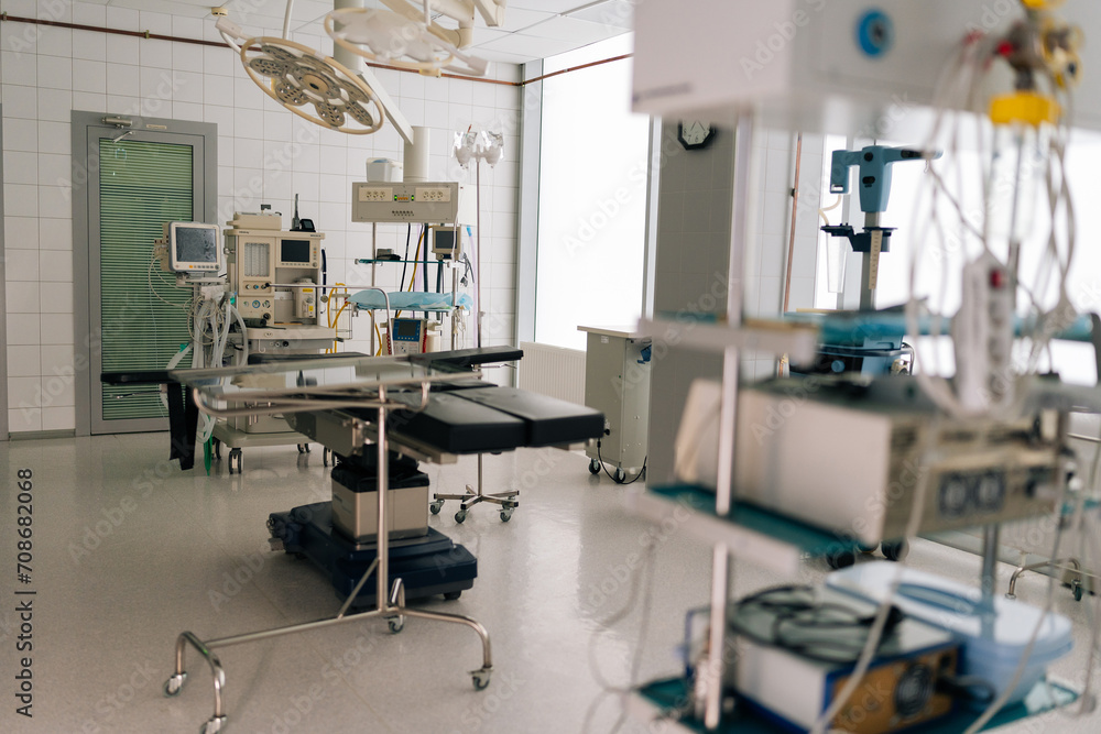 Light interior of modern operating room and equipment in hospital, no ...