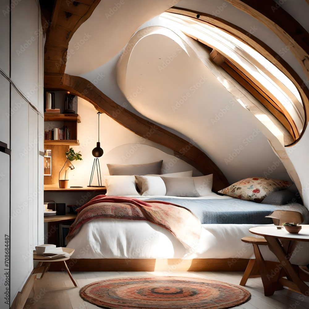 Charming loft bedroom with a round window, creating an intimate and ...