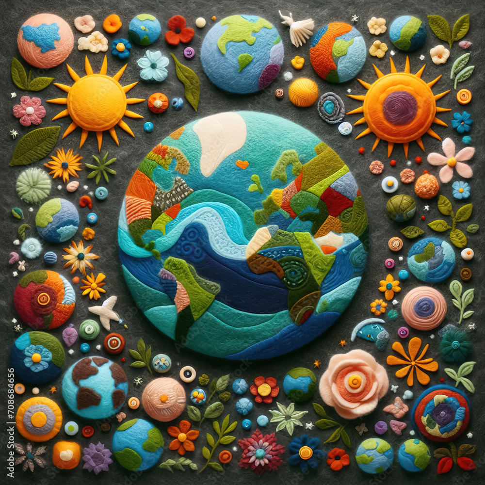 felt art patchwork, world globe planet earth background banner ...
