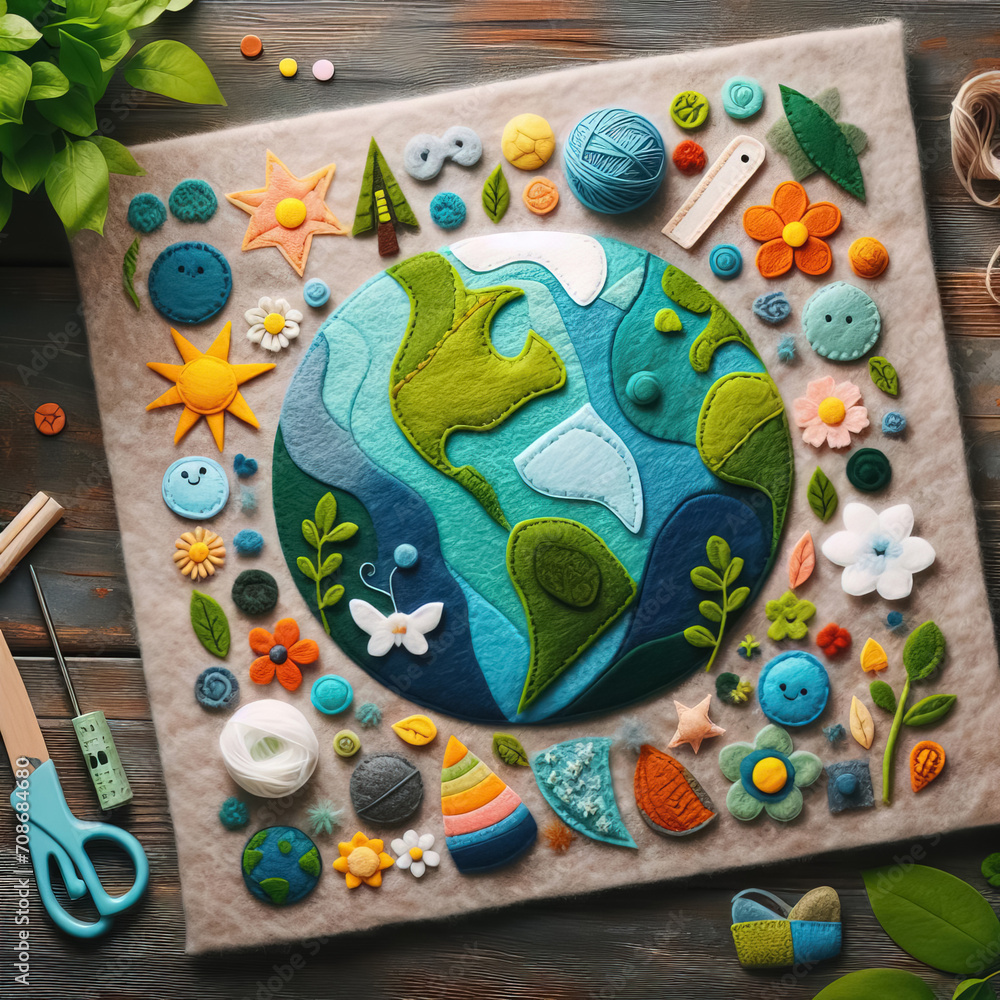 felt art patchwork, world globe planet earth background banner ...