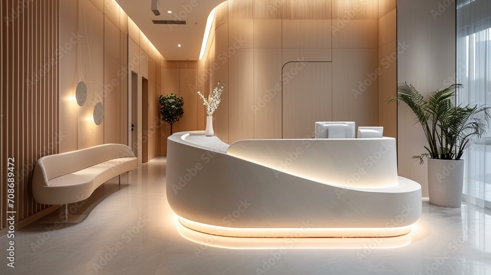 A high-angle shot of a minimalist reception desk with a modern design ...