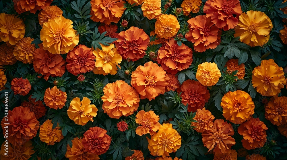 Autumn-inspired marigolds in warm and earthy tones, forming a cozy and ...