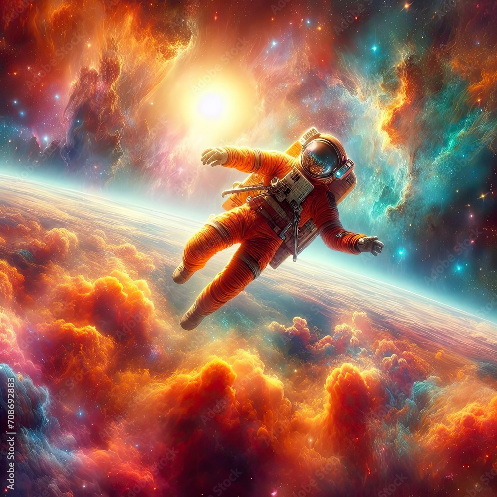 Orange Astronaut falling in Space Cosmos Nebula different galaxy planet ...