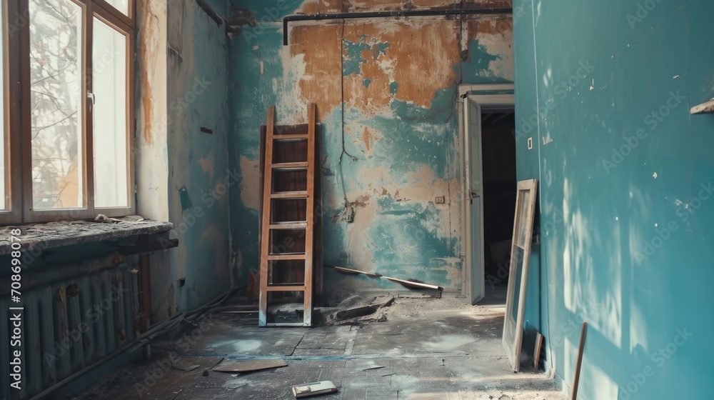 A ladder leaning against a wall in a run-down room. Perfect for ...